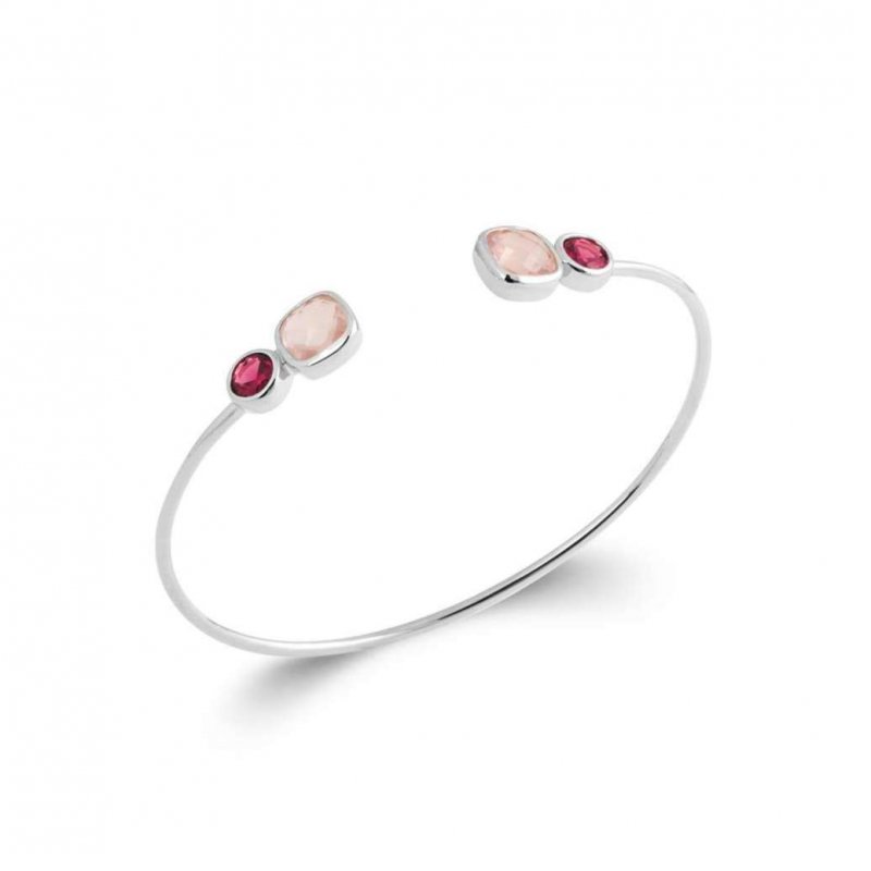 Jonc Ouvert Argent Rhodié - Quartz Rose Pierre de synthèse - 58mm