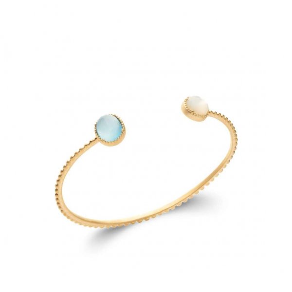 Jonc Ouvert Plaqué Or - Pierre Agate Bleue - Pierre de Lune - 58mm